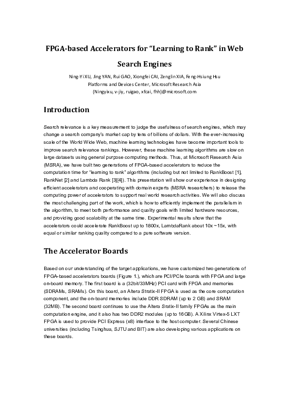 (PDF) FPGA-based Accelerators for "Learning to Rank" in Web Search Engines