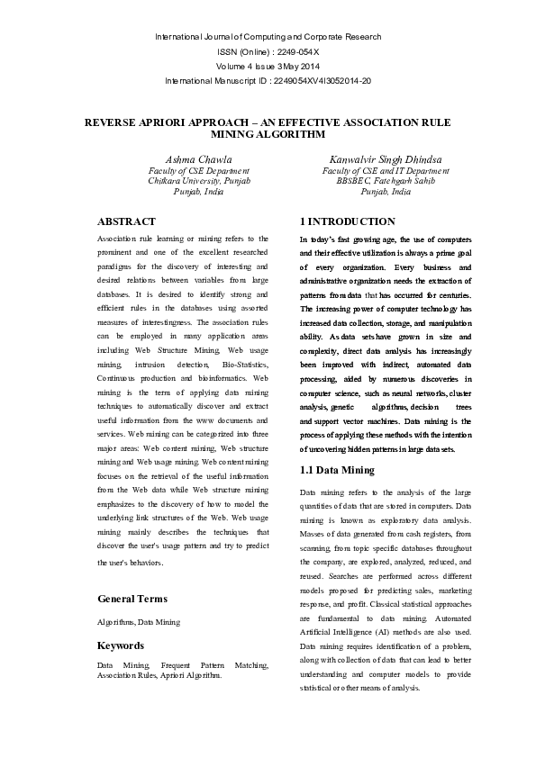 Pdf Reverse Apriori Approach An Effective Association Rule Mining Algorithm Ashma Chawla