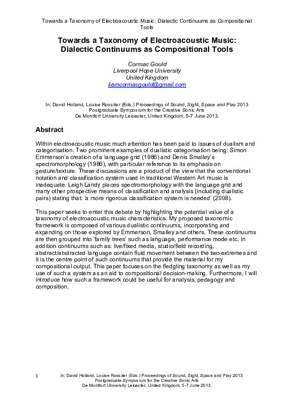 (PDF) Towards a Taxonomy of Electroacoustic Music: Dualistic Continuums ...