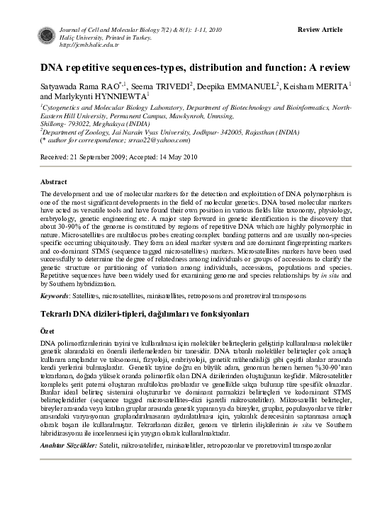 (PDF) DNA repetitive sequences-types, distribution and function: A review