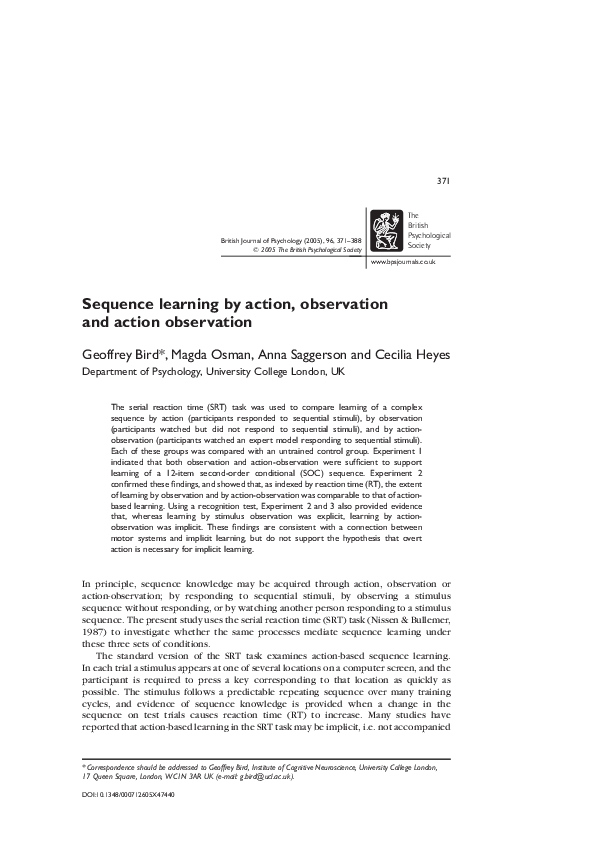 (PDF) Sequence Learning by Action, Observation and Action Observation