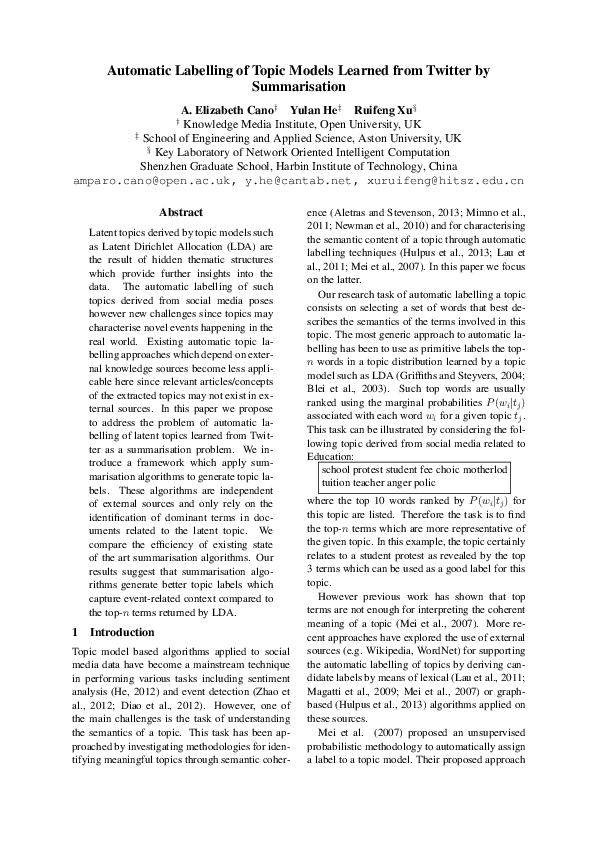 Pdf Automatic Labelling Of Topic Models Learned From Twitter By Summarisation