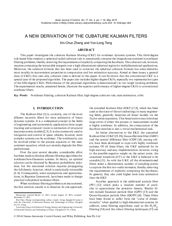 Pdf A New Derivation Of The Cubature Kalman Filters