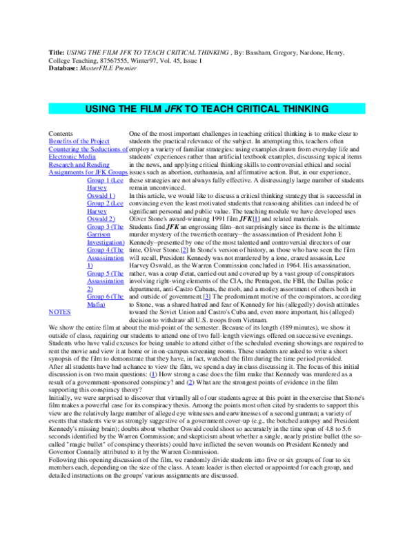 (PDF) Using the Film "JFK" to Teach Critical Thinking