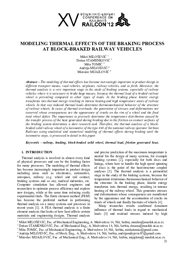 (PDF) Modeling Thermal Effects of the Braking Process at Block-Braked ...