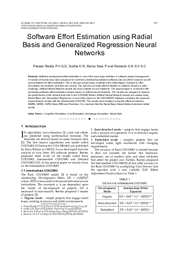 (PDF) Software Effort Estimation using Radial Basis and Generalized Regression Neural Networks