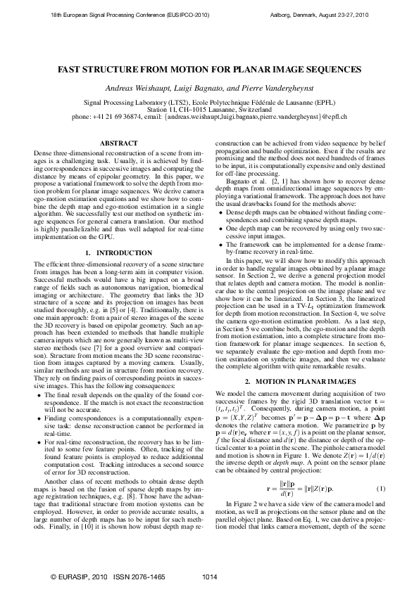 (PDF) FAST STRUCTURE FROM MOTION FOR PLANAR IMAGE SEQUENCES