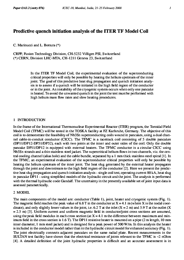 Pdf Predictive Quench Initiation Analysis Of The Iter Tf Model Coil