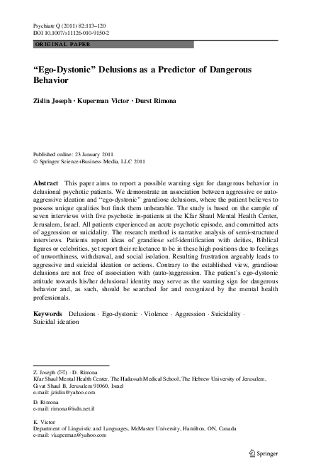 (PDF) "Ego-dystonic" delusions as a Predictor of Dangerous Behavior
