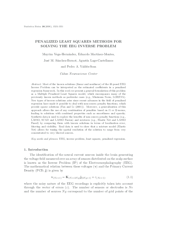 Pdf Penalized Least Squares Methods For Solving The Eeg Inverse Problem