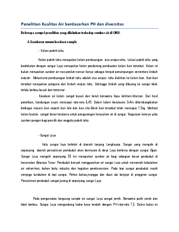 (DOC) Penelitian Kualitas Air berdasarkan PH dan diversitas