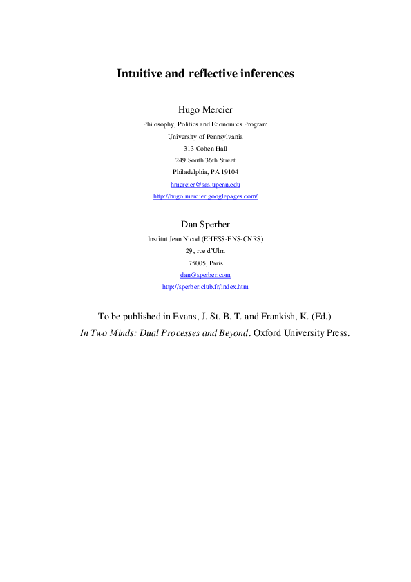 (PDF) Intuitive and Reflective Inferences