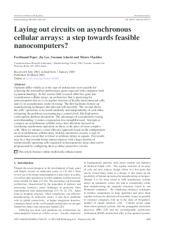 (PDF) Laying out circuits on asynchronous cellular arrays: a step towards feasible nanocomputers ...