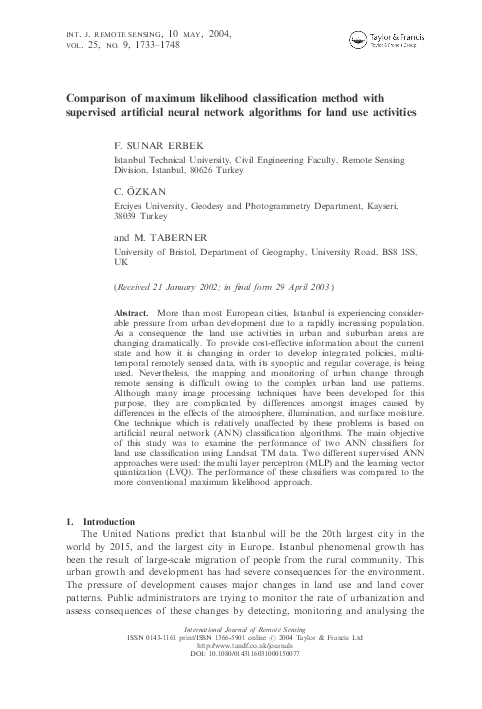 Comparison Of Maximum Likelihood Classification Method With Supervised Artificial Neural Network