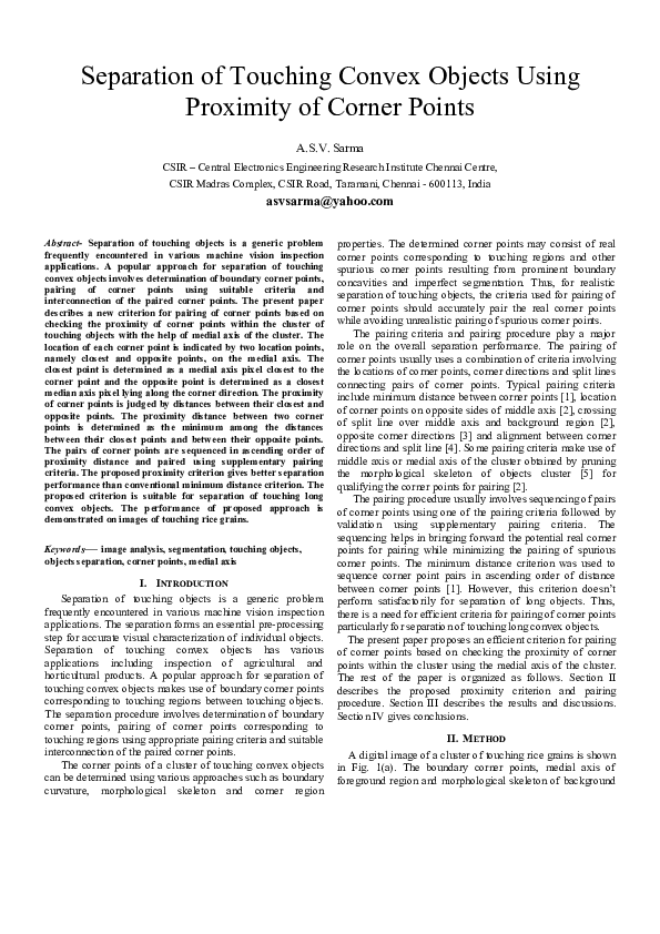 Pdf Separation Of Touching Convex Objects Using Proximity Of Corner