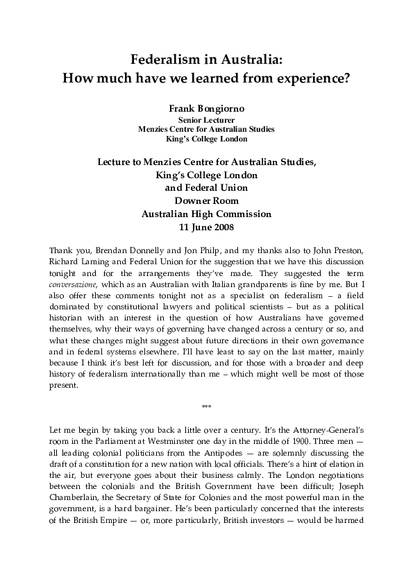 (PDF) Federalism in Australia: How Much Have We Learned from Experience?