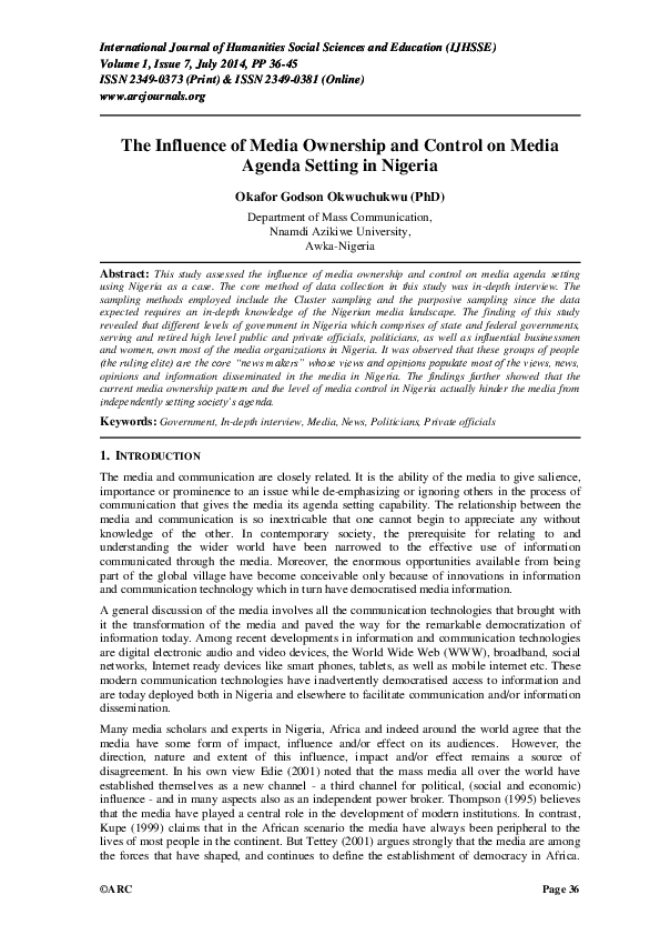 (PDF) The Influence of Media Ownership and Control on Media Agenda Setting