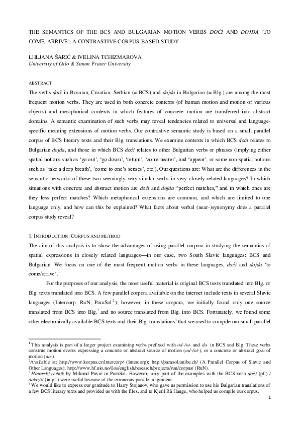 (DOC) The semantics of the BCS and Bulgarian motion verbs ‘doći’ and ...