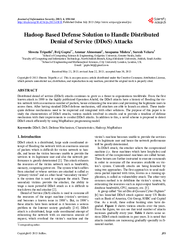 Pdf Hadoop Based Defence Solution To Handle Distributed Denial Of