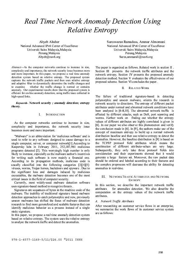 (PDF) Real Time Network Anomaly Detection Using Relative Entropy