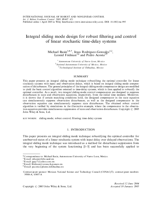 (PDF) Integral sliding mode design for robust filtering and control of linear stochastic time ...