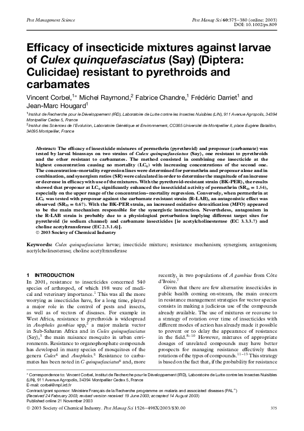 (PDF) Efficacy of Insecticide Mixtures Against Larvae of Culex Quinquefasciatus (Say)(Diptera ...