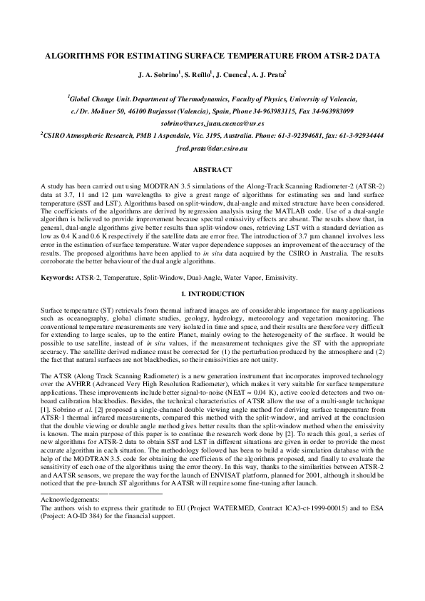 (PDF) ALGORITHMS FOR ESTIMATING SURFACE TEMPERATURE FROM ATSR-2 DATA
