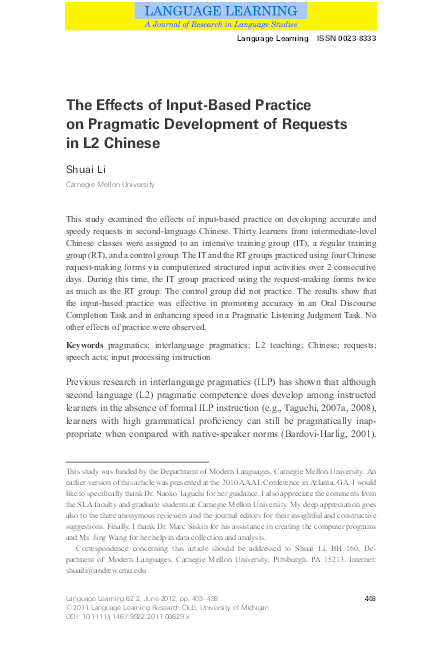 (PDF) The effects of input-based practice on pragmatic development of requests in L2 Chinese