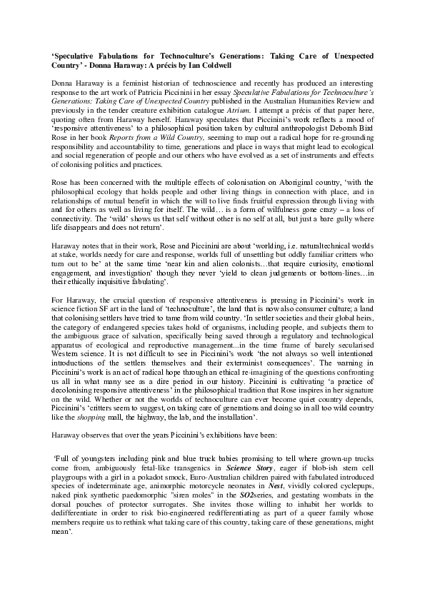 (PDF) Speculative Fabulations - Haraway on Piccinini - A Precis by Ian ...