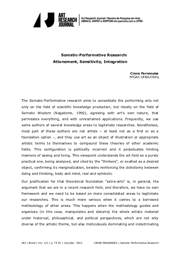 (PDF) Somatic-Performative Research: Attunement, Sensitivity, Integration