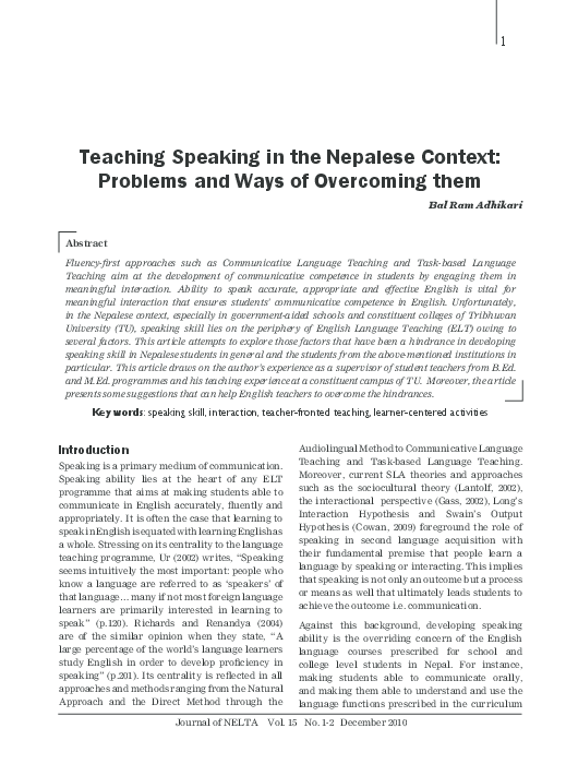 (PDF) Teaching Speaking: Problems and Procedures