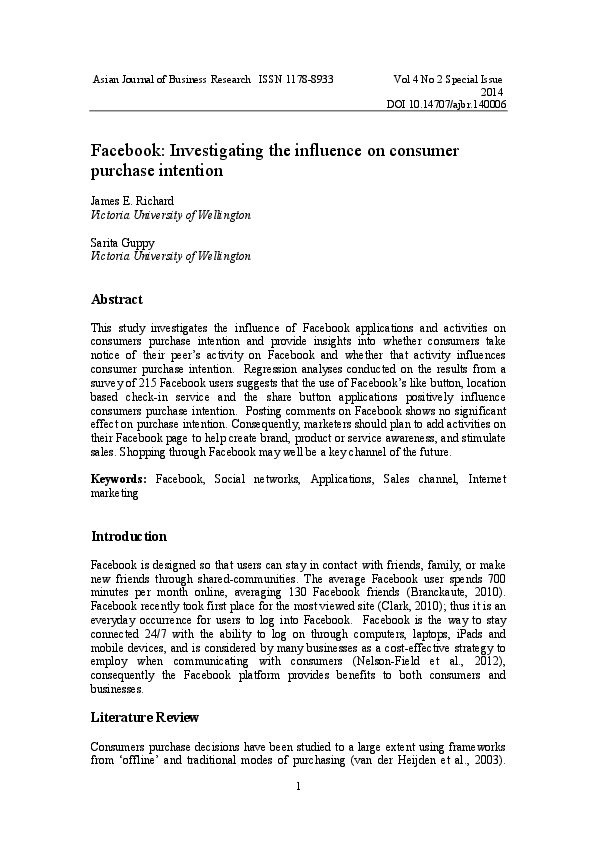 (PDF) Facebook: Investigating the influence on consumer purchase intention