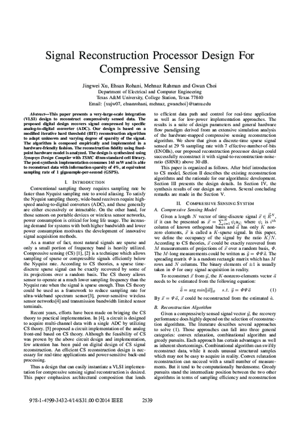 Pdf Signal Reconstruction Processor Design For Compressive Sensing