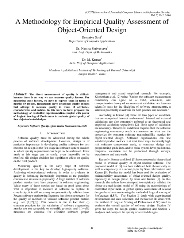 Pdf A Methodology For Empirical Quality Assessment Of Object Oriented Design