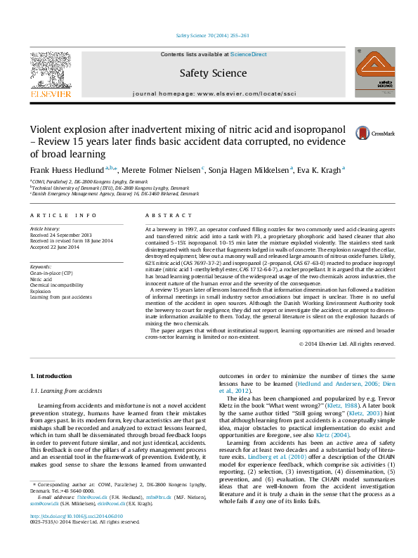 (PDF) Violent explosion after inadvertent mixing of nitric acid and ...