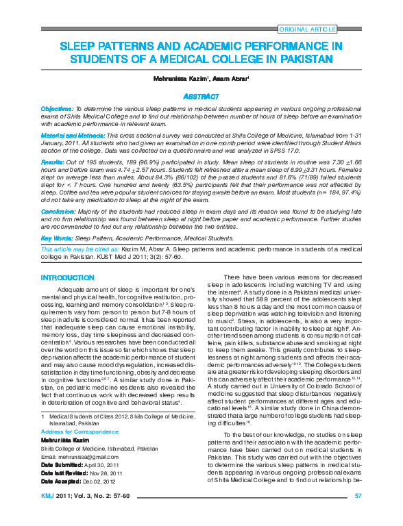 (PDF) SLEEP PATTERNS AND ACADEMIC PERFORMANCE IN STUDENTS OF A MEDICAL ...