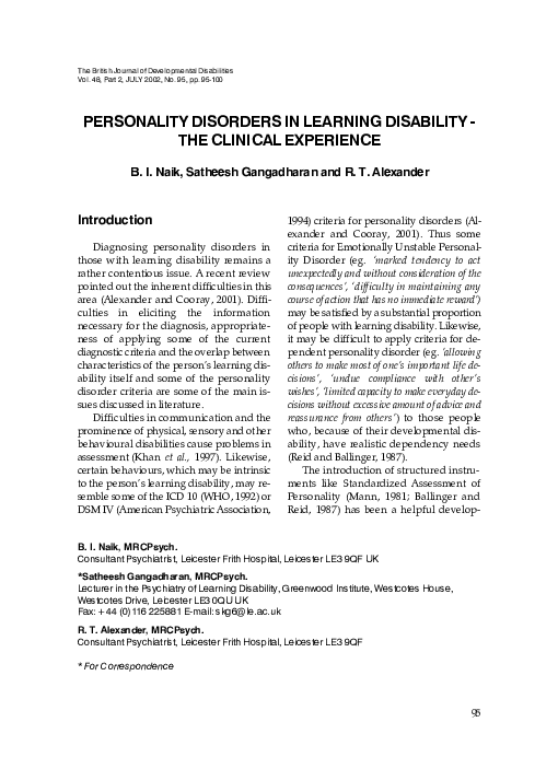 (PDF) PERSONALITY DISORDERS IN LEARNING DISABILITY - THE CLINICAL EXPERIENCE