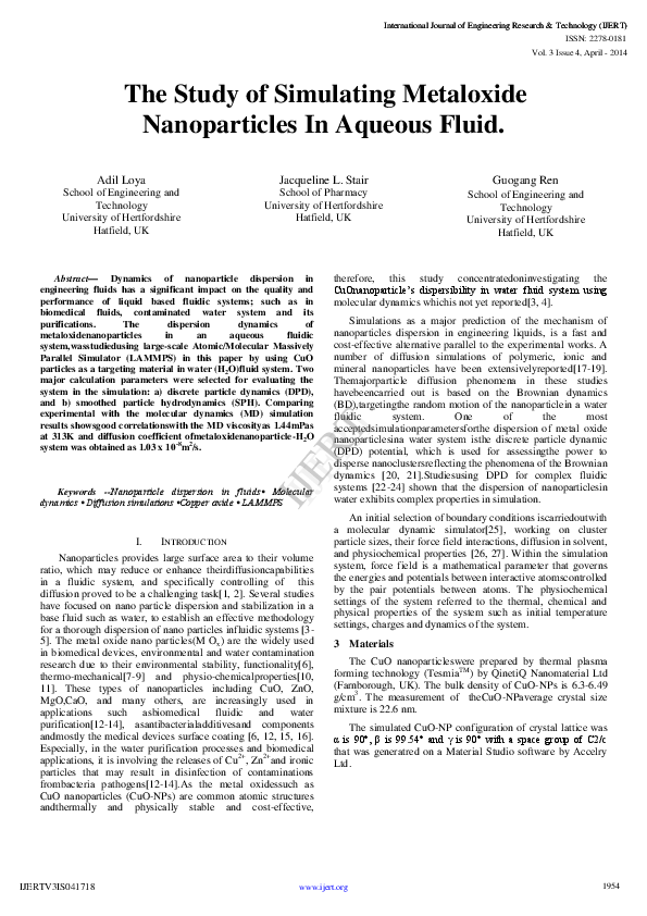 (PDF) The Study of Simulating Metaloxide Nanoparticles In Aqueous Fluid. --Nanoparticle ...