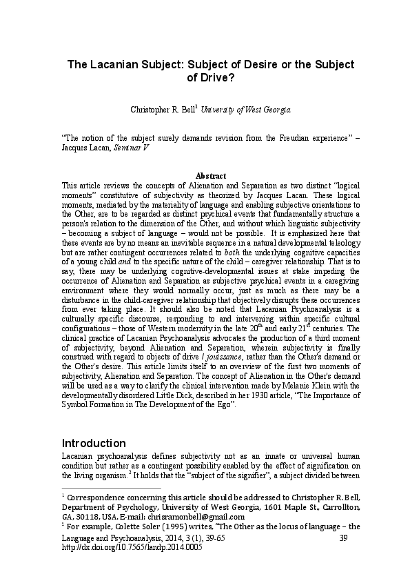 (PDF) The Lacanian Subject - Subject of Desire or the Subject of Drive?