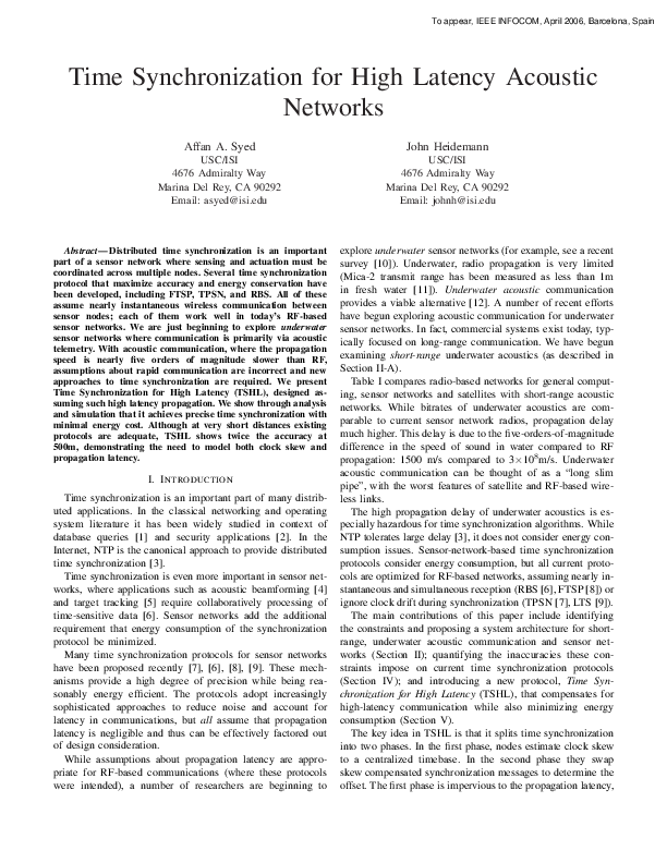 Pdf Time Synchronization For High Latency Acoustic Networks