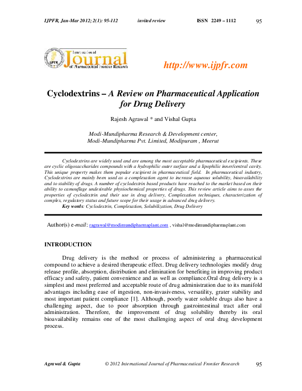 (PDF) Cyclodextrins – A Review on Pharmaceutical Application for Drug ...