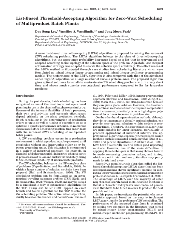 (PDF) List-Based Threshold-Accepting Algorithm for Zero-Wait Scheduling of Multiproduct Batch Plants