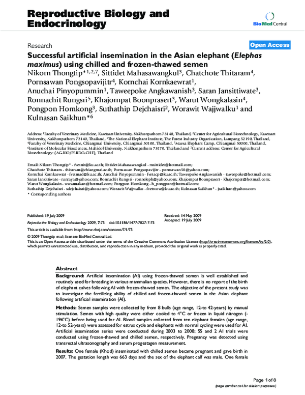 (PDF) Successful artificial insemination in the Asian elephant (Elephas ...