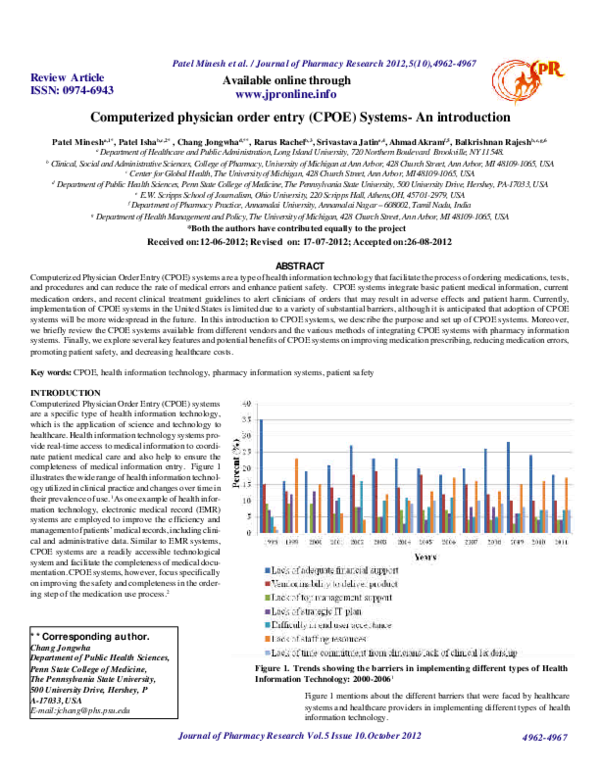 (PDF) Computerized physician order entry (CPOE) Systems- An introduction