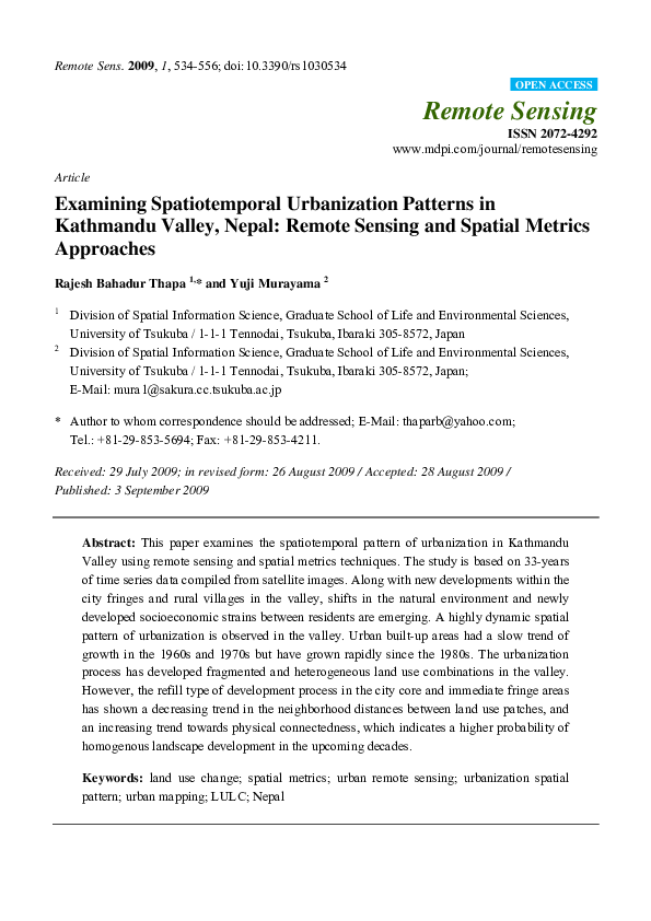 Pdf Examining Spatiotemporal Urbanization Patterns In Kathmandu Valley Nepal Remote Sensing