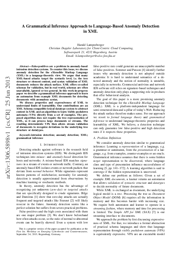 (PDF) A Grammatical Inference Approach to Language-Based Anomaly Detection in XML