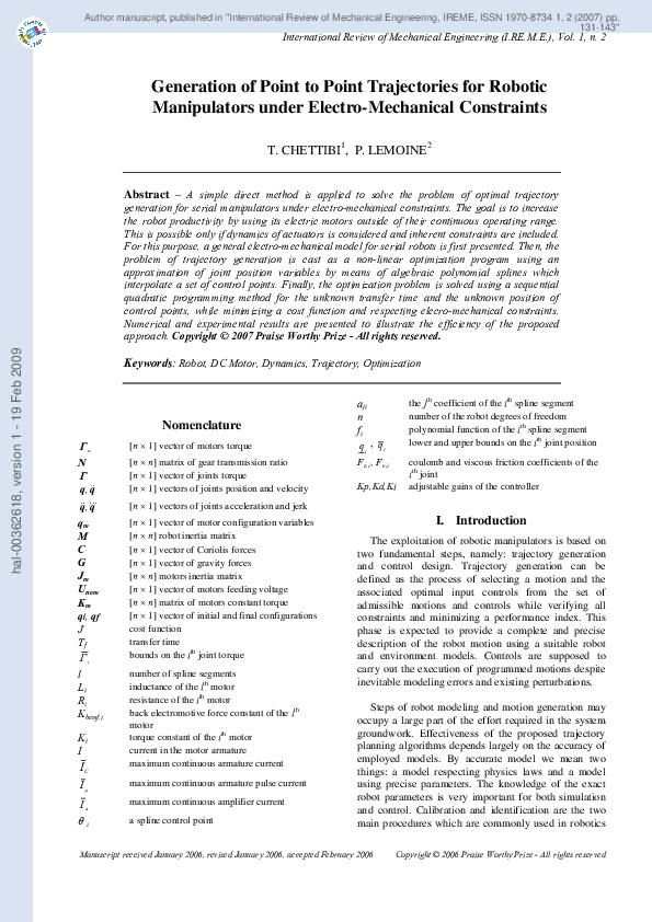 Pdf Generation Of Point To Point Trajectories For Robotic