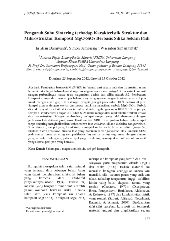 (PDF) Pengaruh Suhu Sintering terhadap Karakteristik Struktur dan Mikrostruktur Komposit MgO-SiO ...