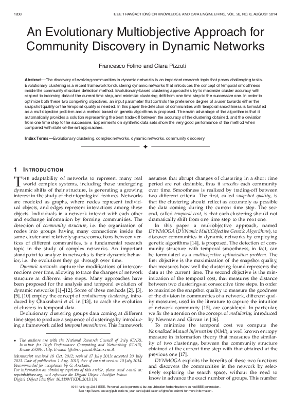 Pdf An Evolutionary Multiobjective Approach For Community Discovery In Dynamic Networks