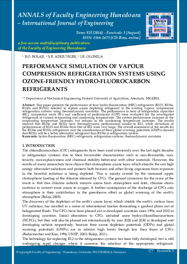 Pdf Performance Simulation Of Vapour Compression Refrigeration Systems Using Ozone Friendly